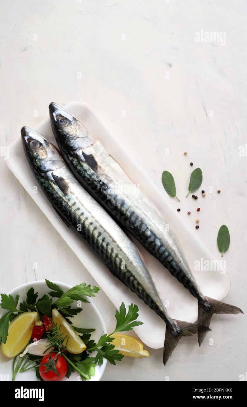 Fresh mackerel fish isolated on white background and fresh herbs and ...