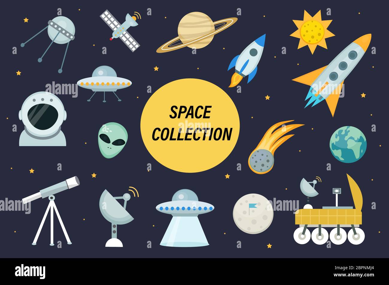 Space icon set flat style.Astronomical Cosmos collection with telescope ...