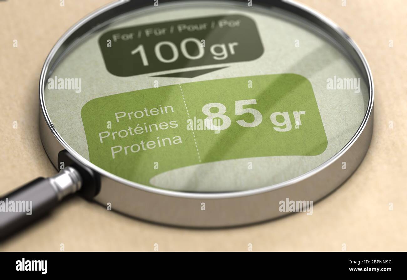 3d illustration of a magnifying glass over protein label. High-protein ...
