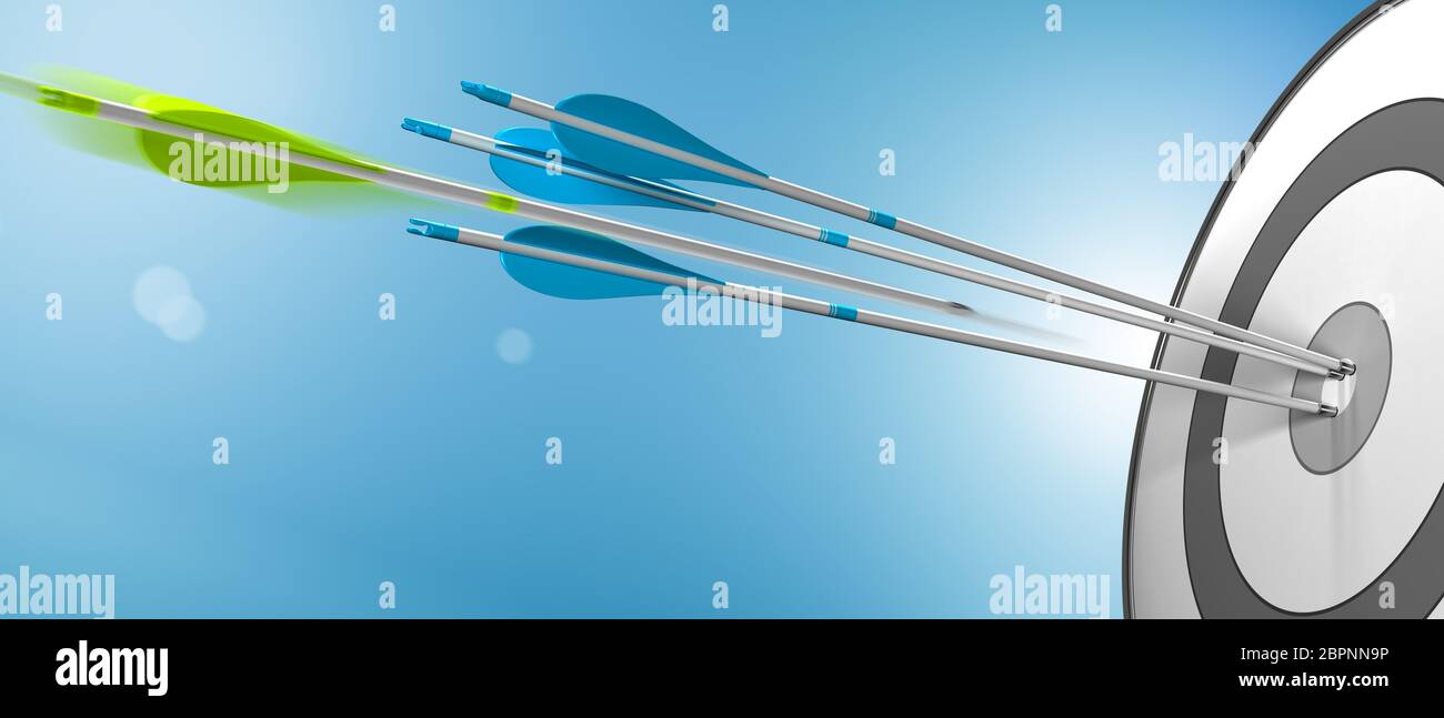 3D illustration of three arrows in the center of a target plus a green ...
