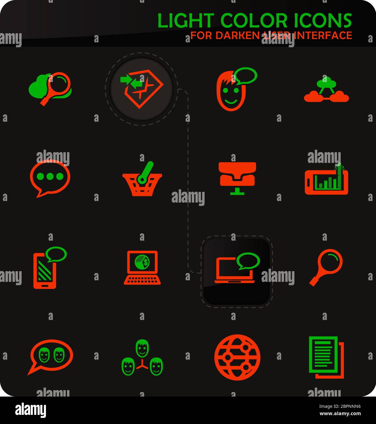 Data analytic and social network easy color vector icons on darken ...