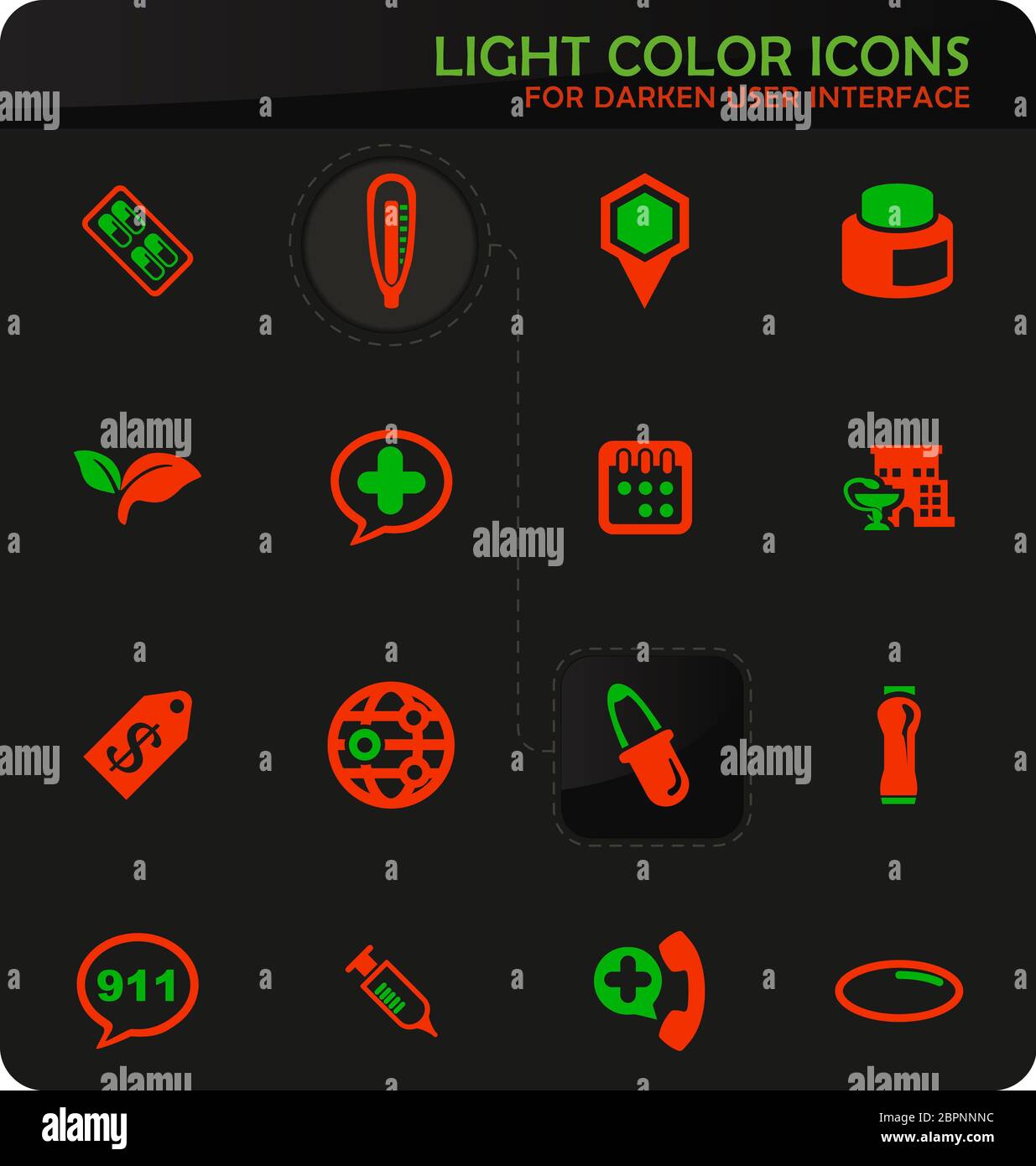 Drug store easy color vector icons on darken background for user ...
