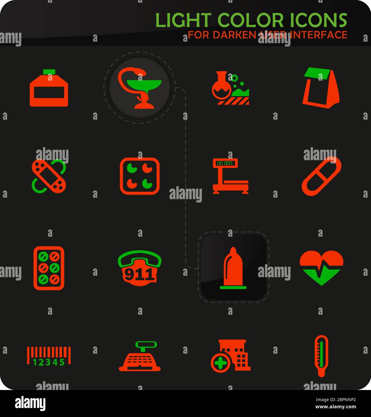 Drug store easy color vector icons on darken background for user ...