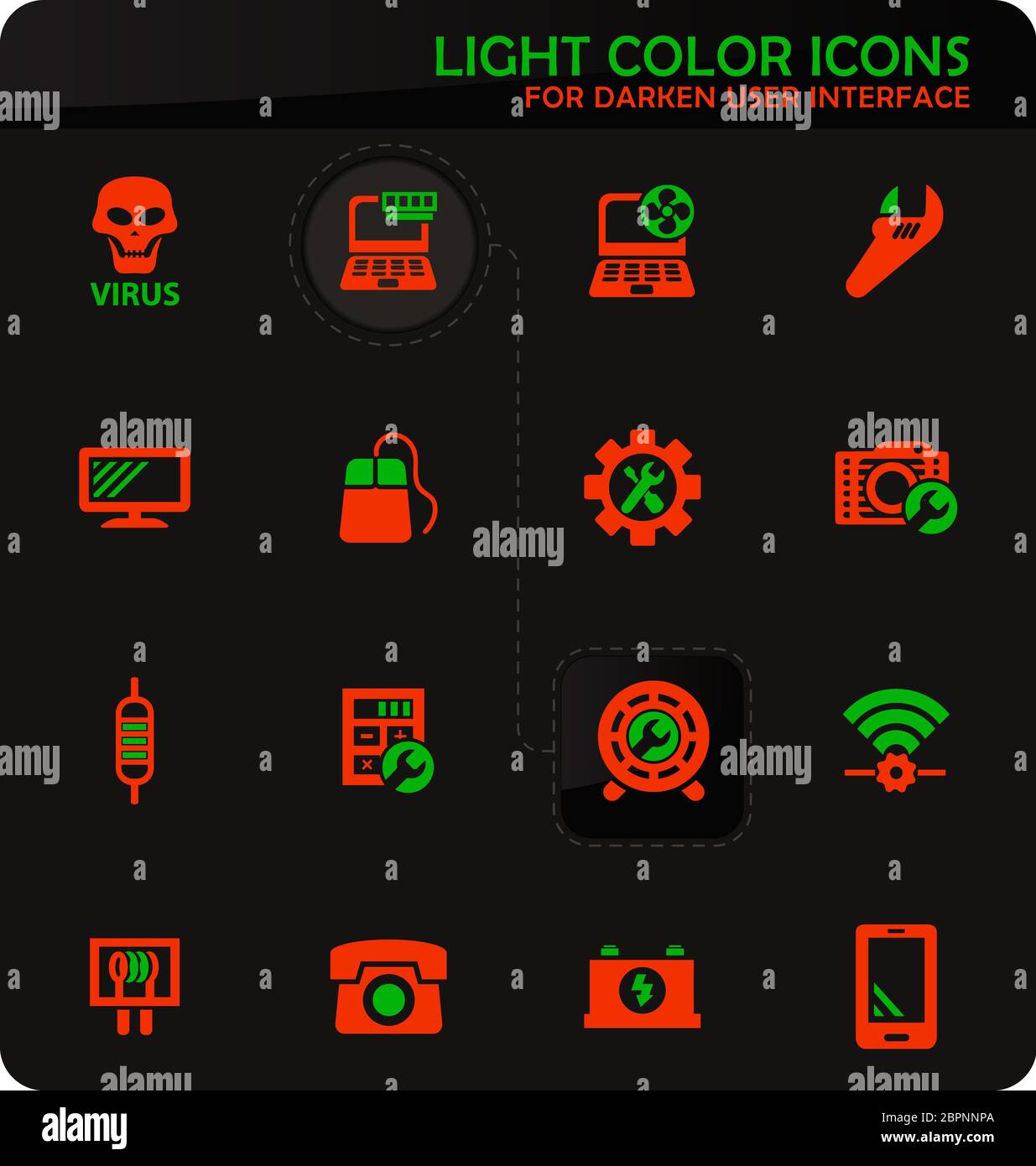 Electronic repair easy color vector icons on darken background for user ...