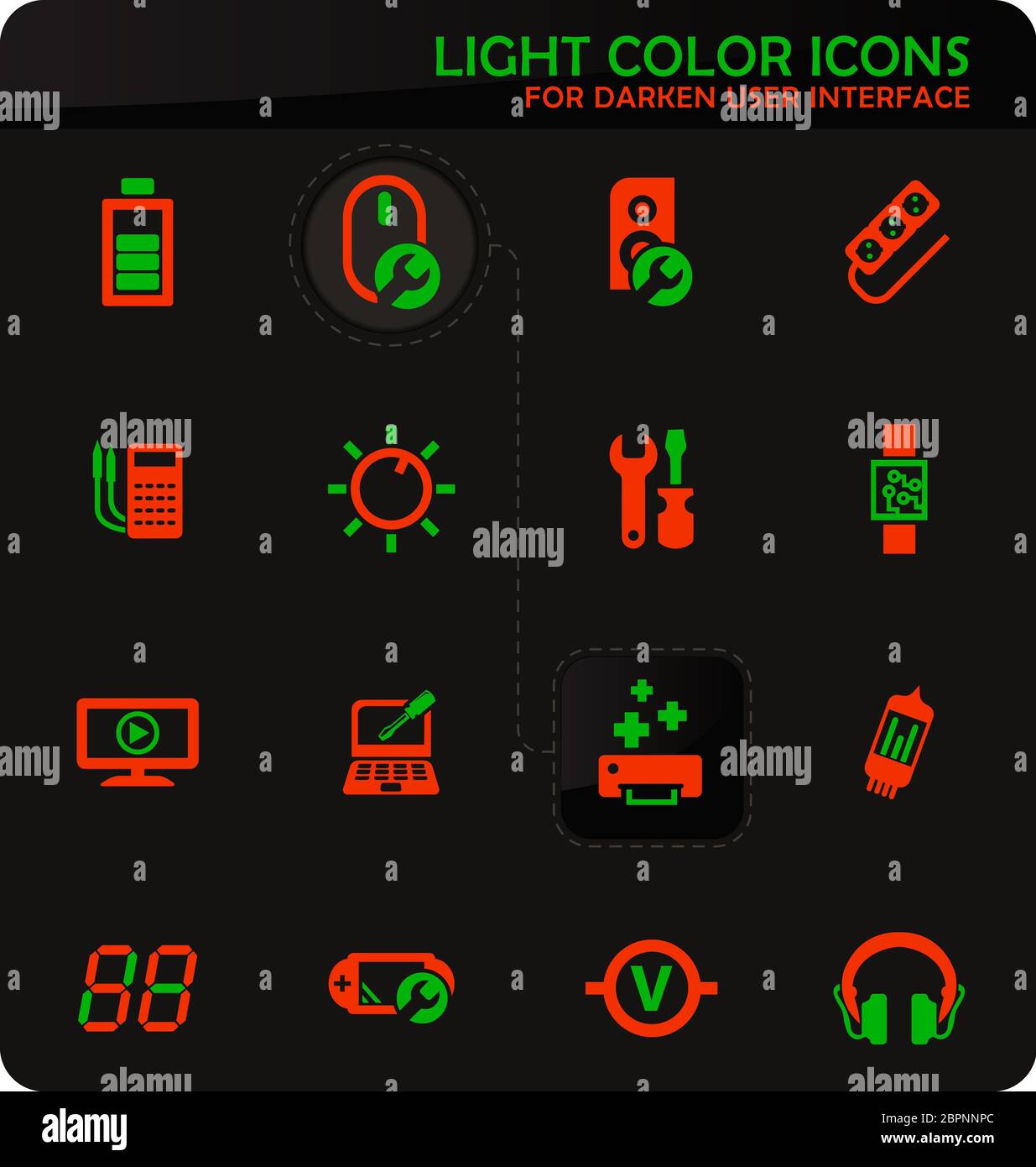 Electronic repair easy color vector icons on darken background for user ...