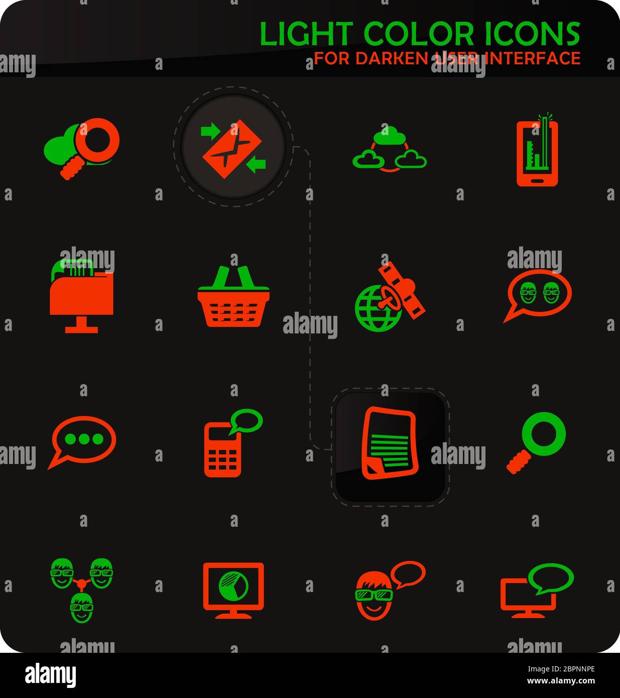 Data analytic and social network easy color vector icons on darken ...