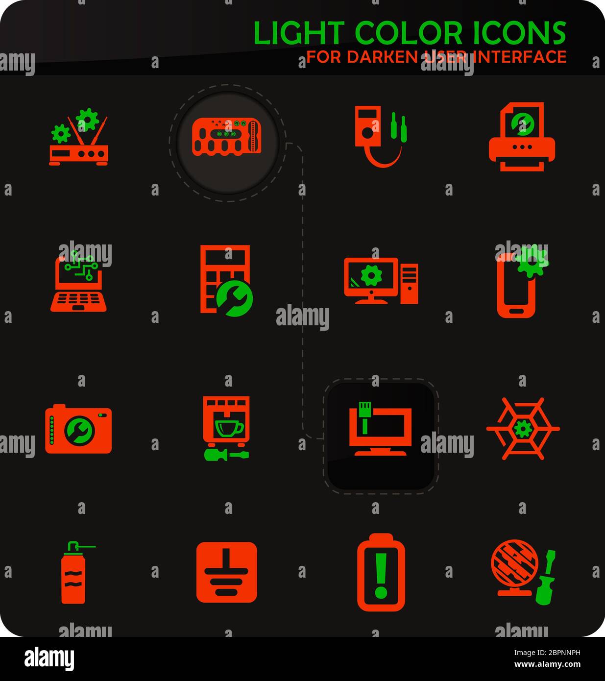 Electronic repair easy color vector icons on darken background for user ...