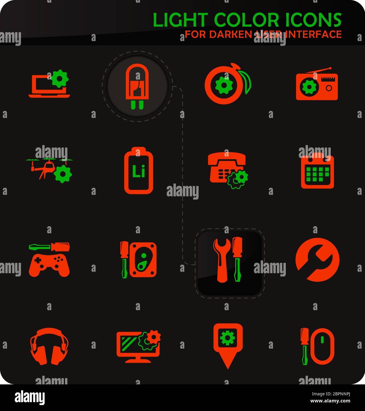 Electronic repair easy color vector icons on darken background for user ...