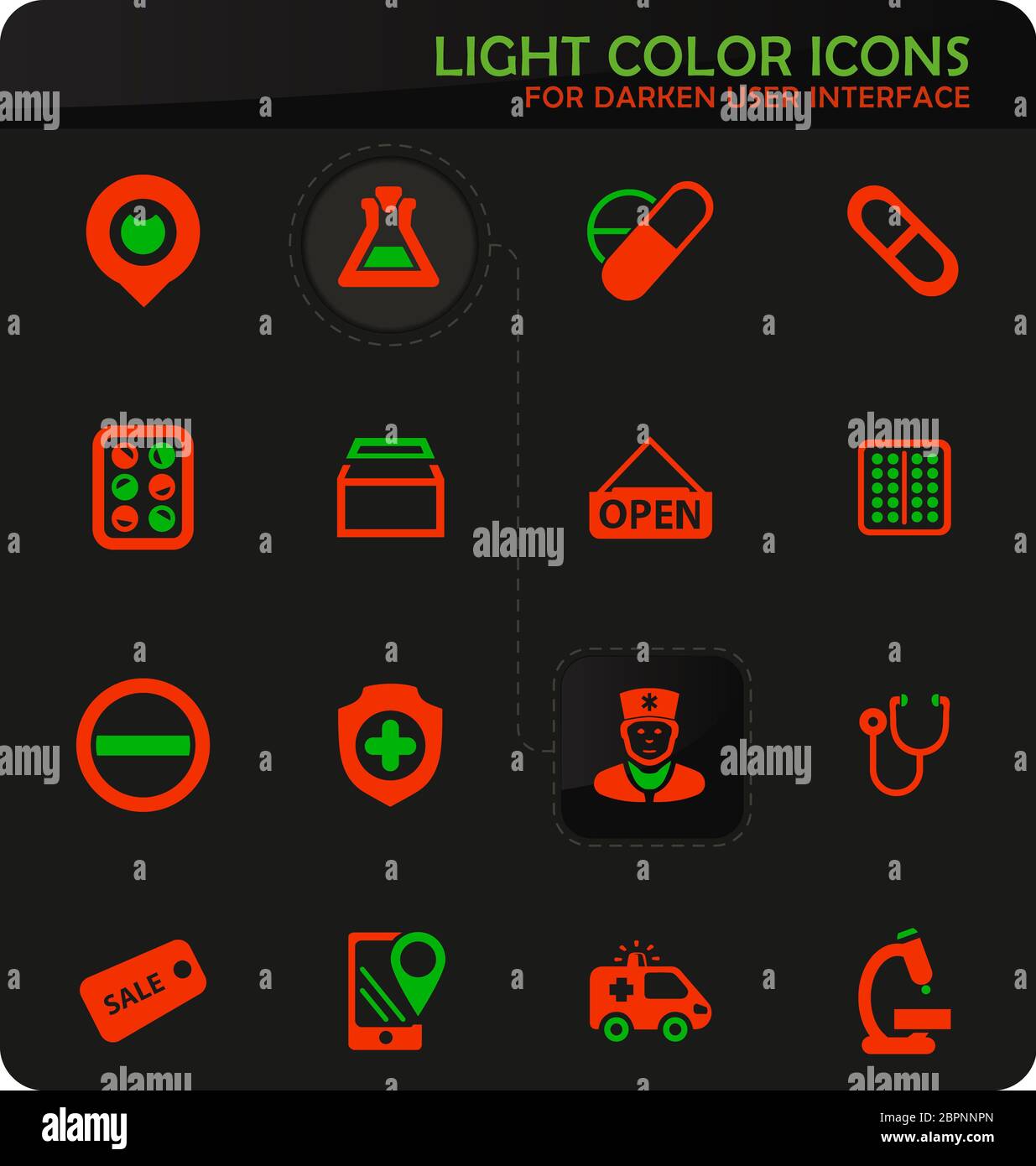Drug store easy color vector icons on darken background for user ...