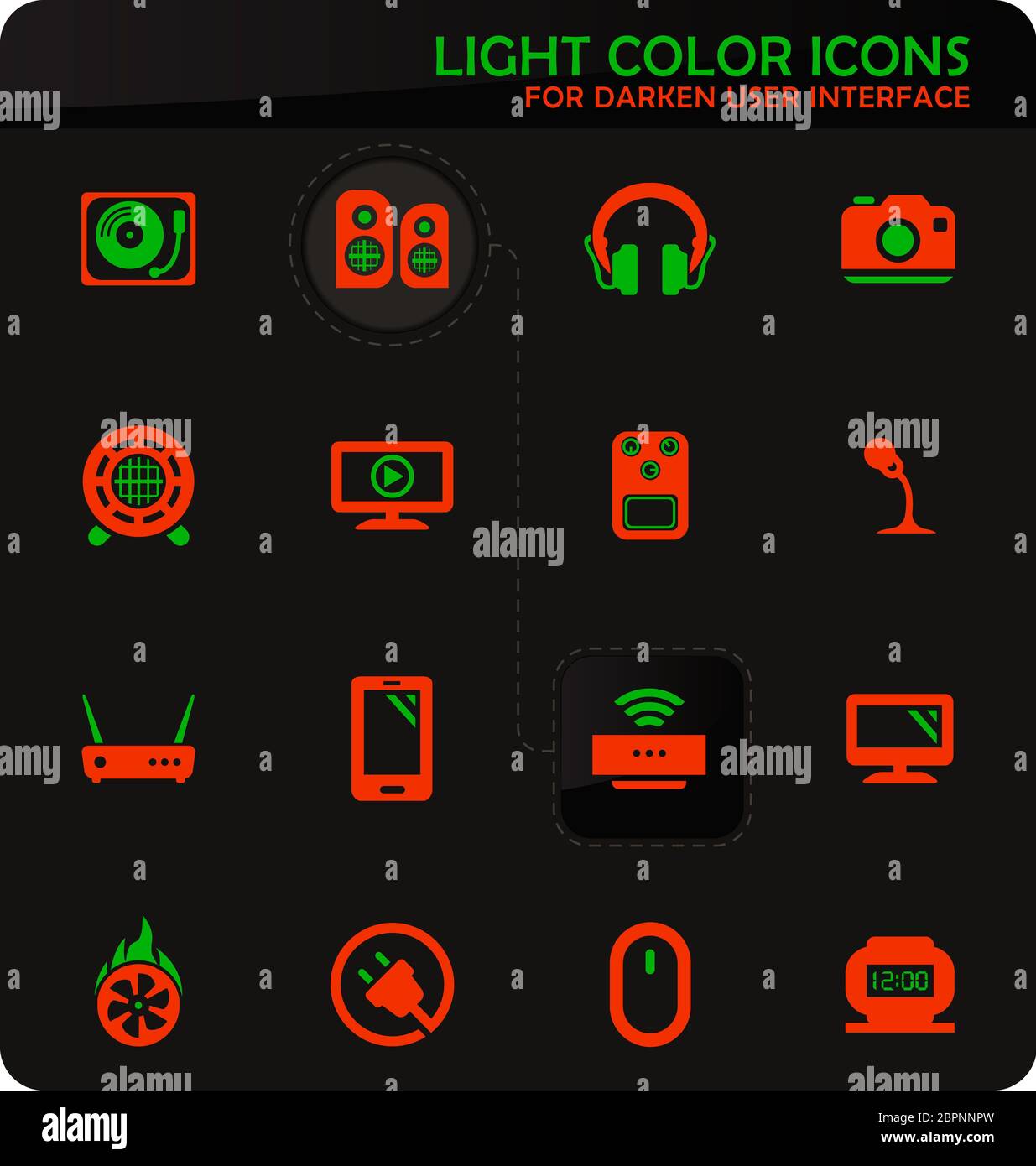 Devices easy color vector icons on darken background for user interface ...