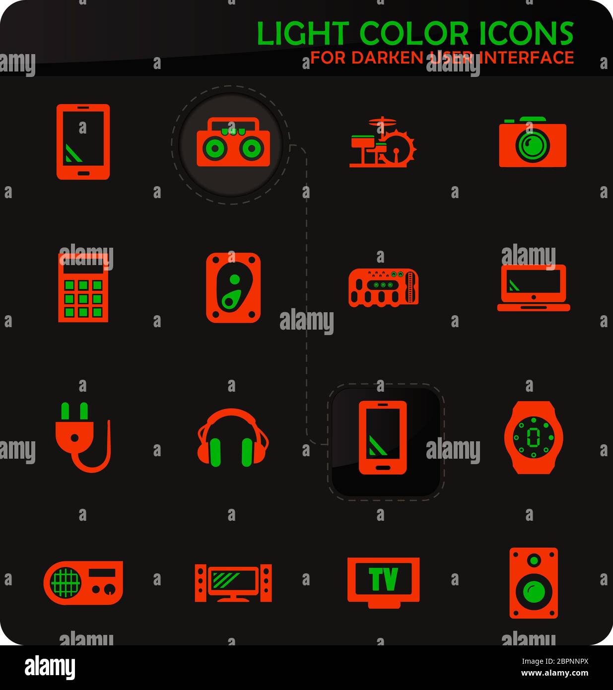 Devices easy color vector icons on darken background for user interface ...