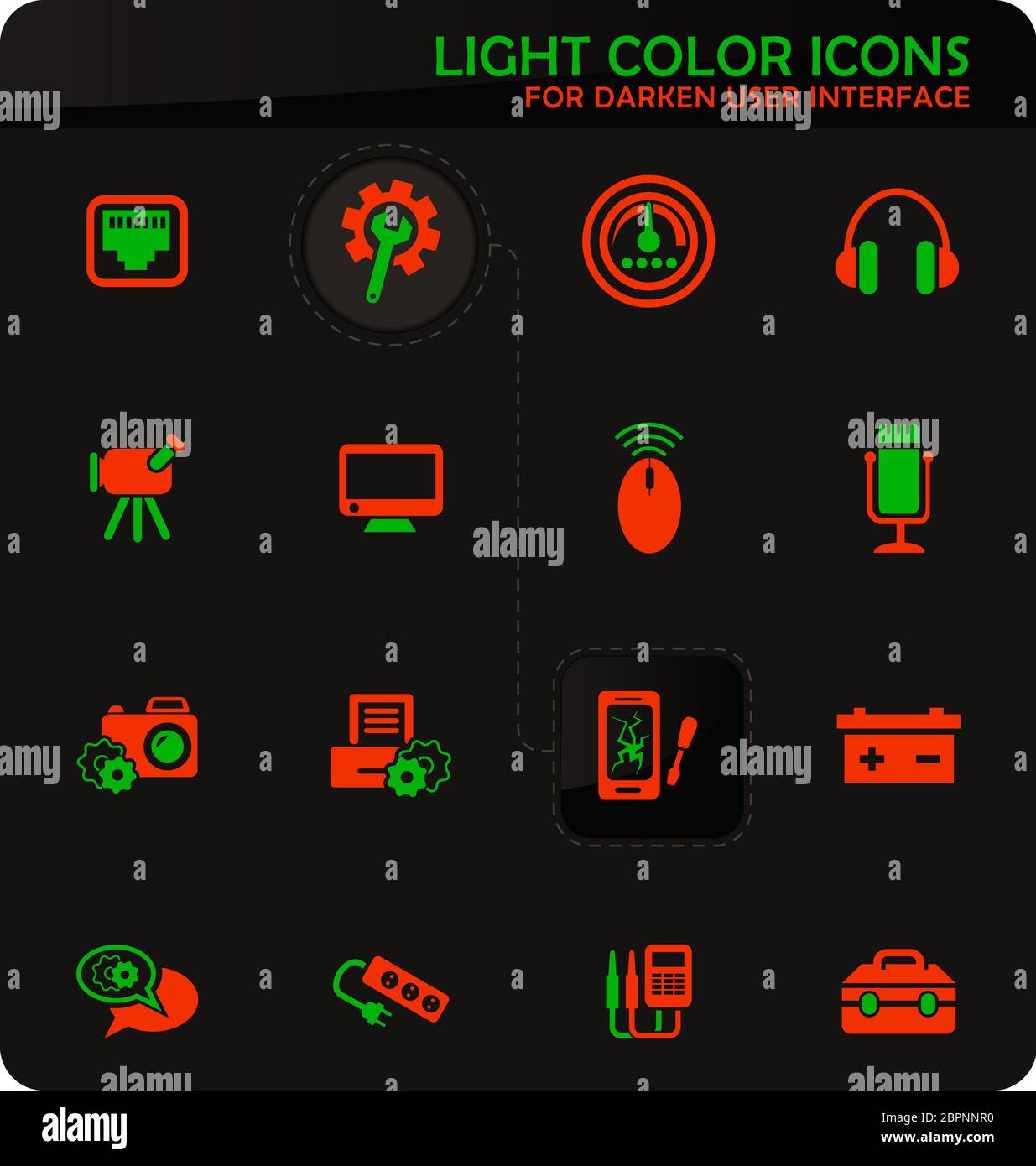 Electronics repair easy color vector icons on darken background for ...