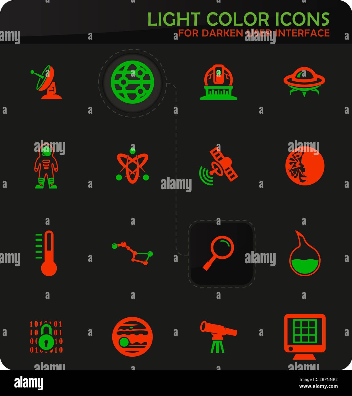 Faculty of astronomy easy color vector icons on darken background for ...