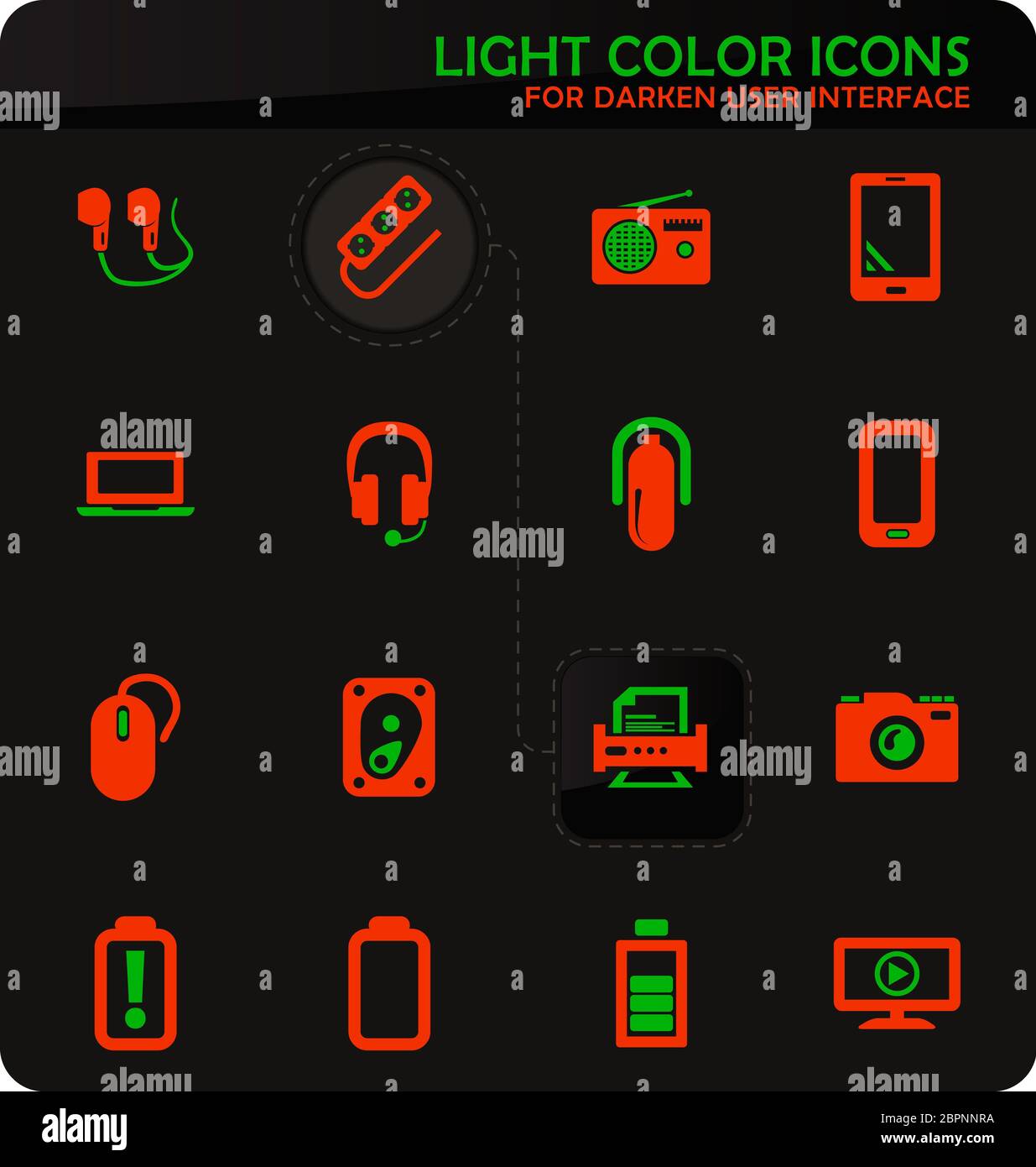 Devices easy color vector icons on darken background for user interface ...
