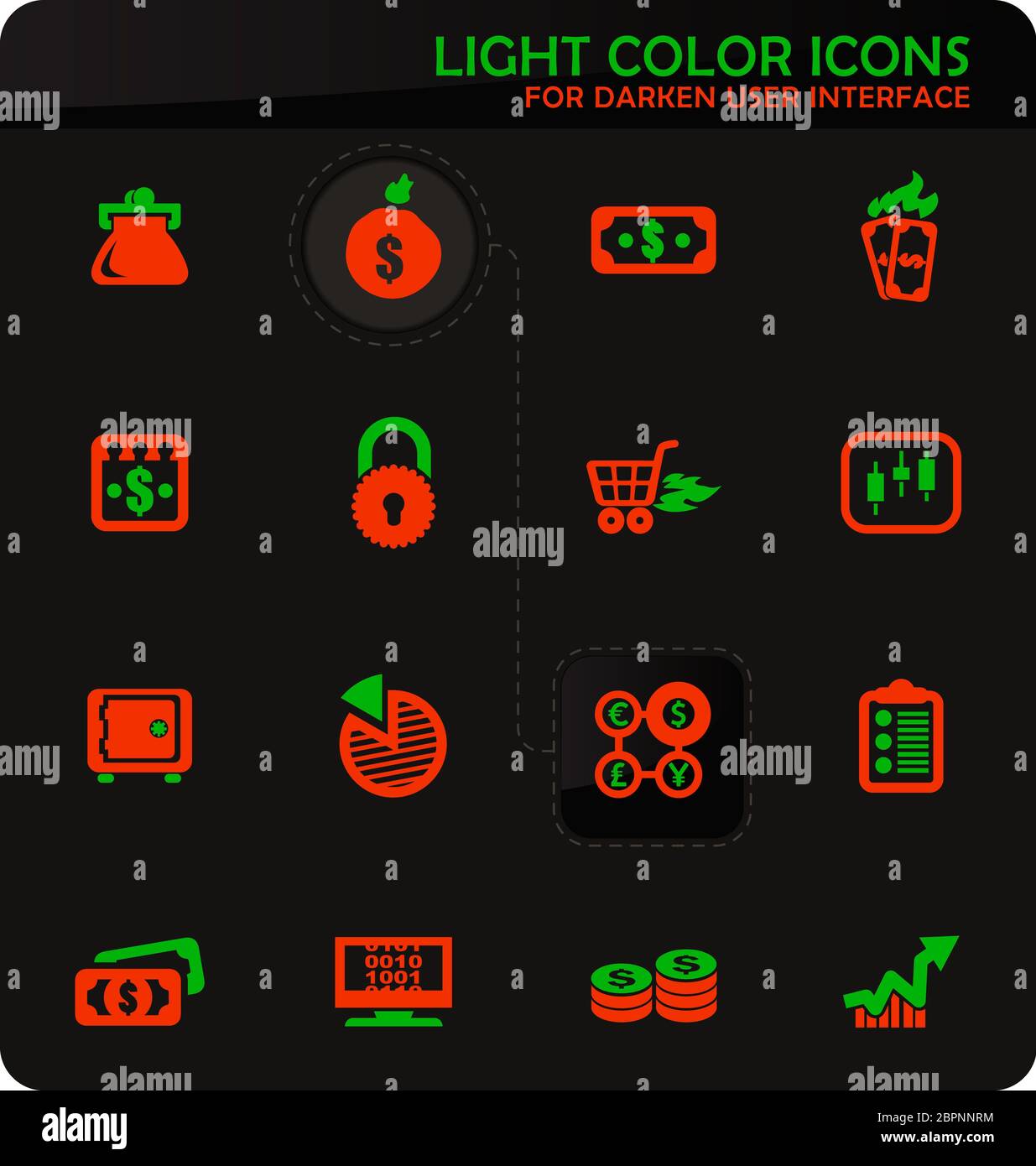 E-commers easy color vector icons on darken background for user ...