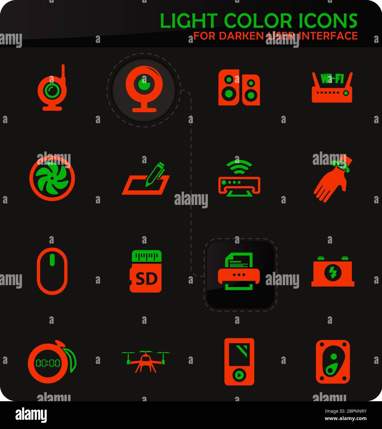 Devices easy color vector icons on darken background for user interface ...