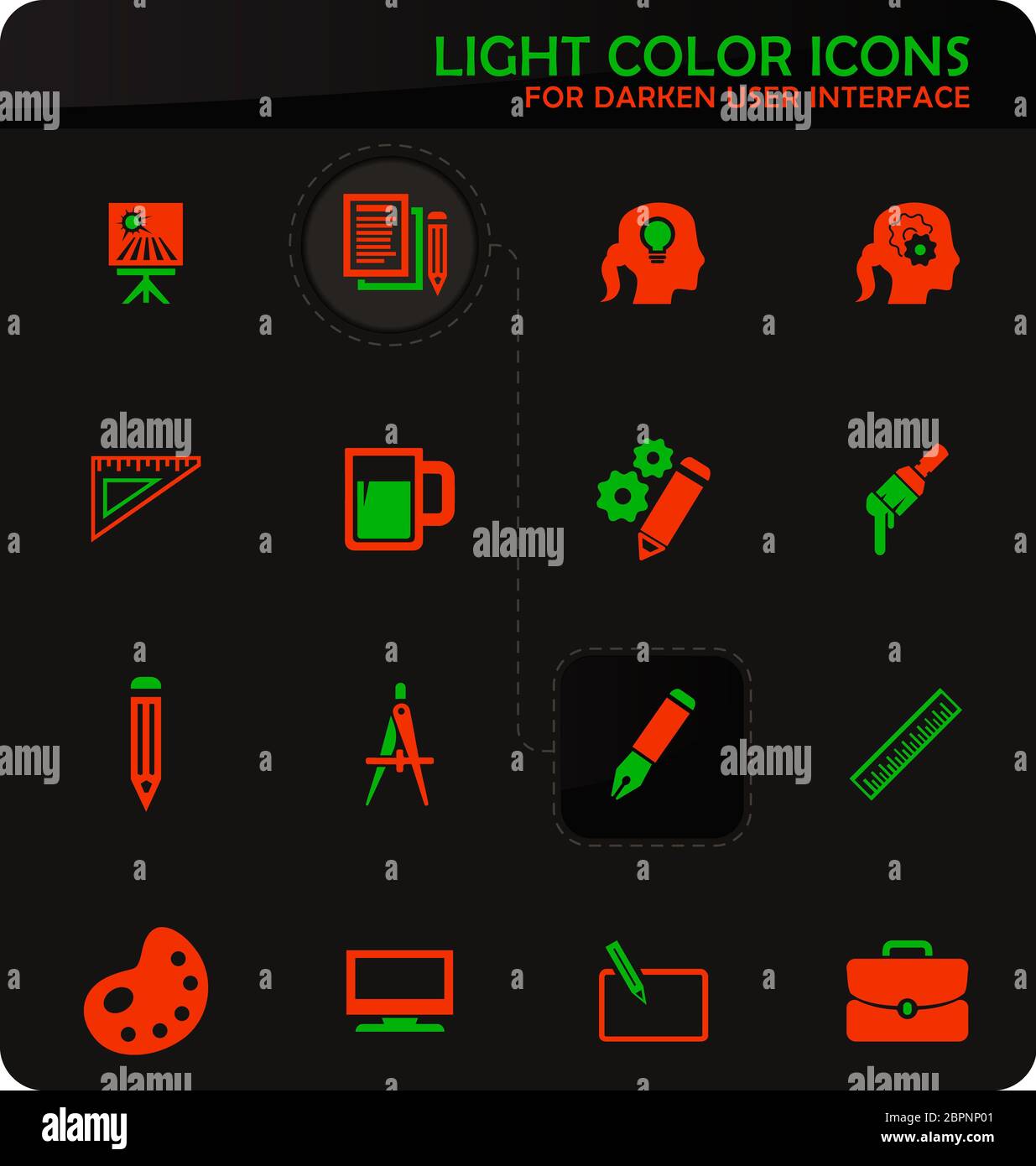 Creative process easy color vector icons on darken background for user ...