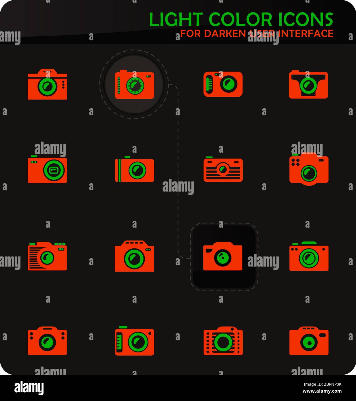 photo camera easy color vector icons on darken background for user ...