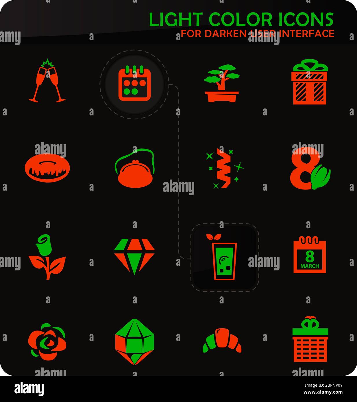 8 March easy color vector icons on darken background for user interface ...