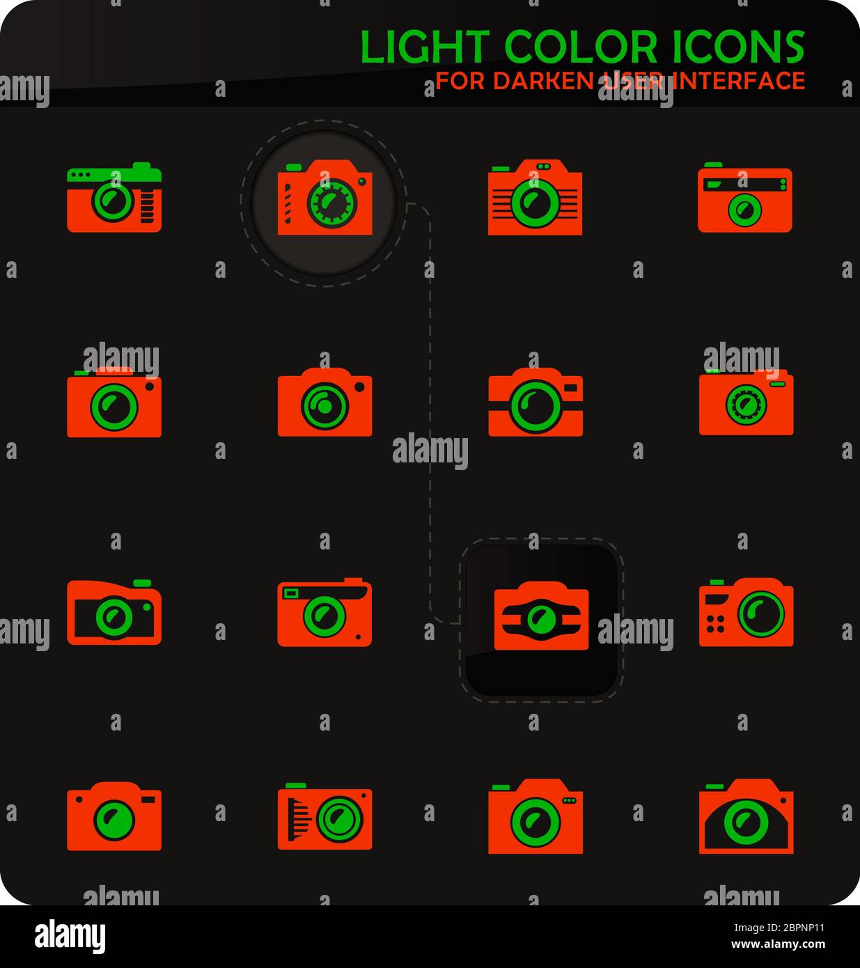 photo camera easy color vector icons on darken background for user ...