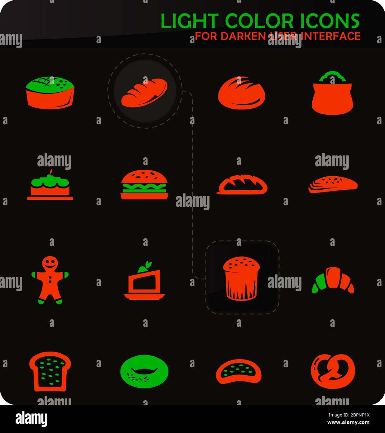 Bakery products easy color vector icons on darken background for user ...