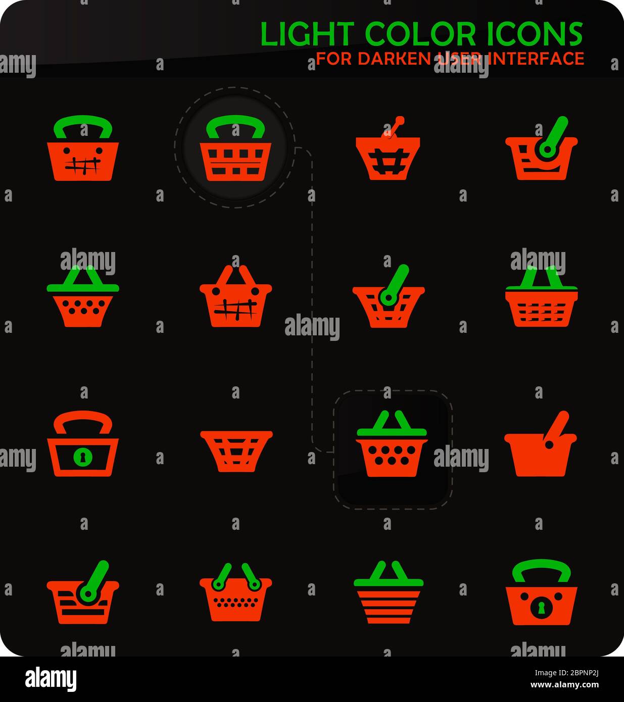 Basket easy color vector icons on darken background for user interface ...