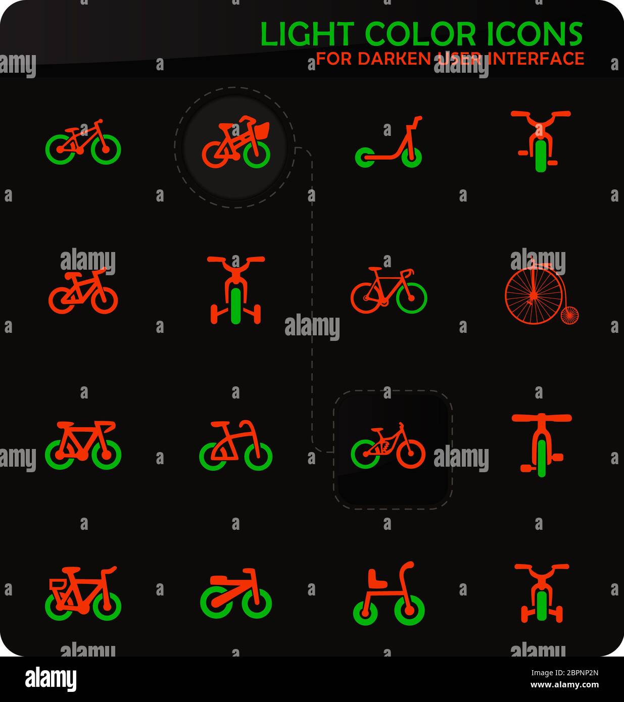 Bicycle type easy color vector icons on darken background for user ...