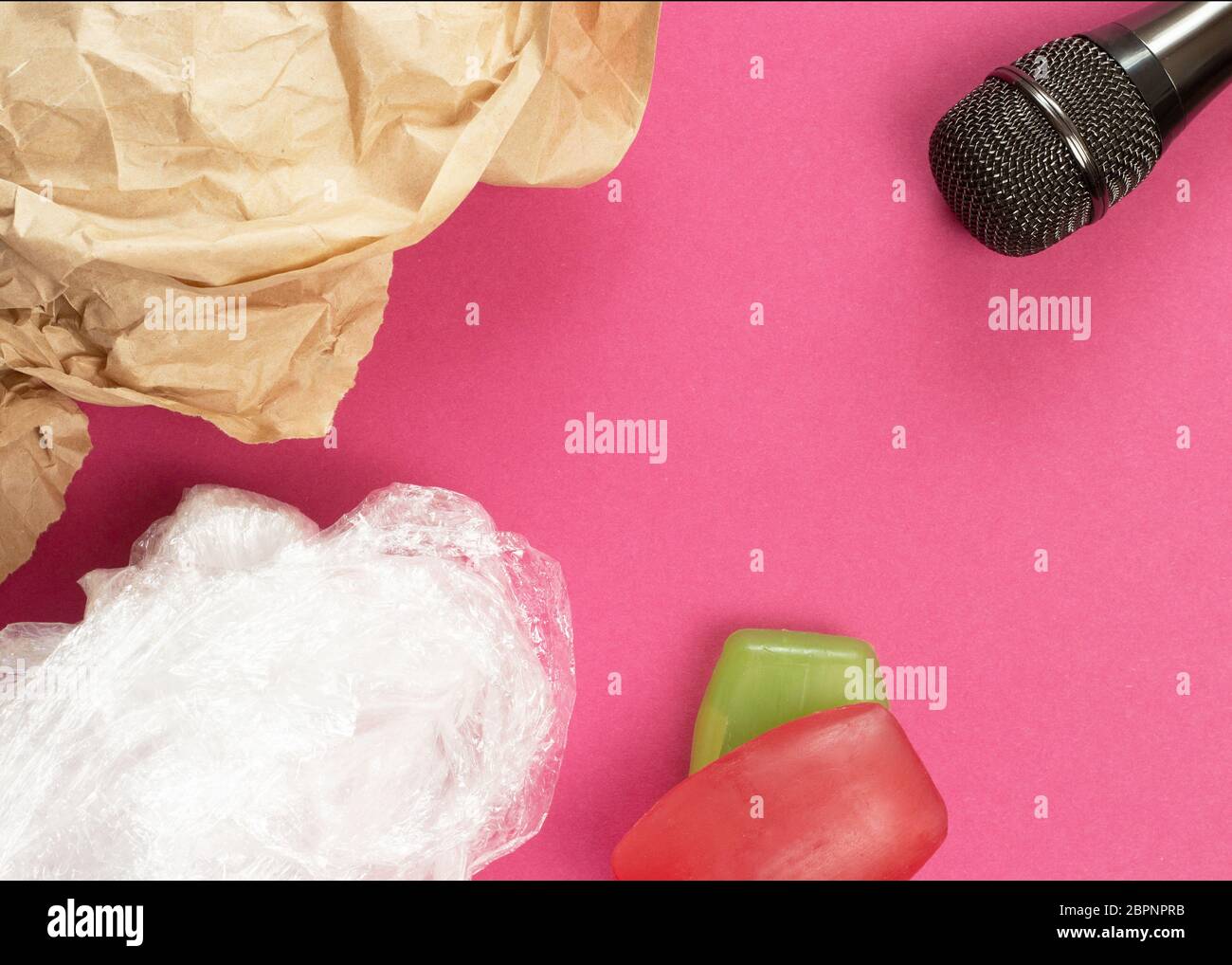 ASMR concept. Specific auditory irritants. Soap, plastic wrap and ...