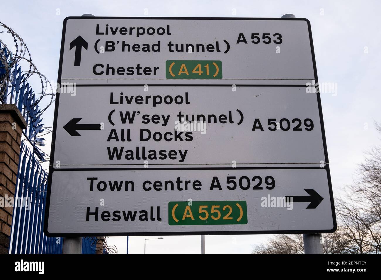 town centre road sign with directions in Birkenhead Wirral January 2020 ...
