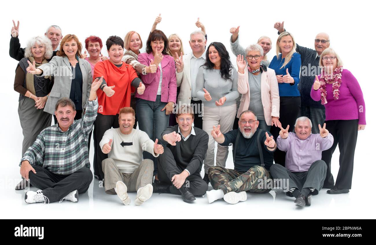 Group of happy elderly people standing and sitting isolated over a ...