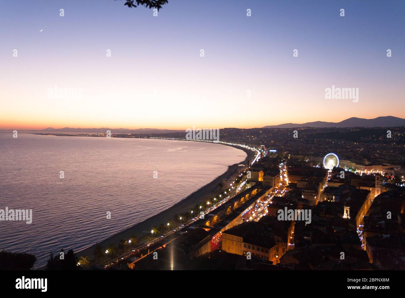 Nice beach night landscape, France. Nice beach and famous Walkway of ...