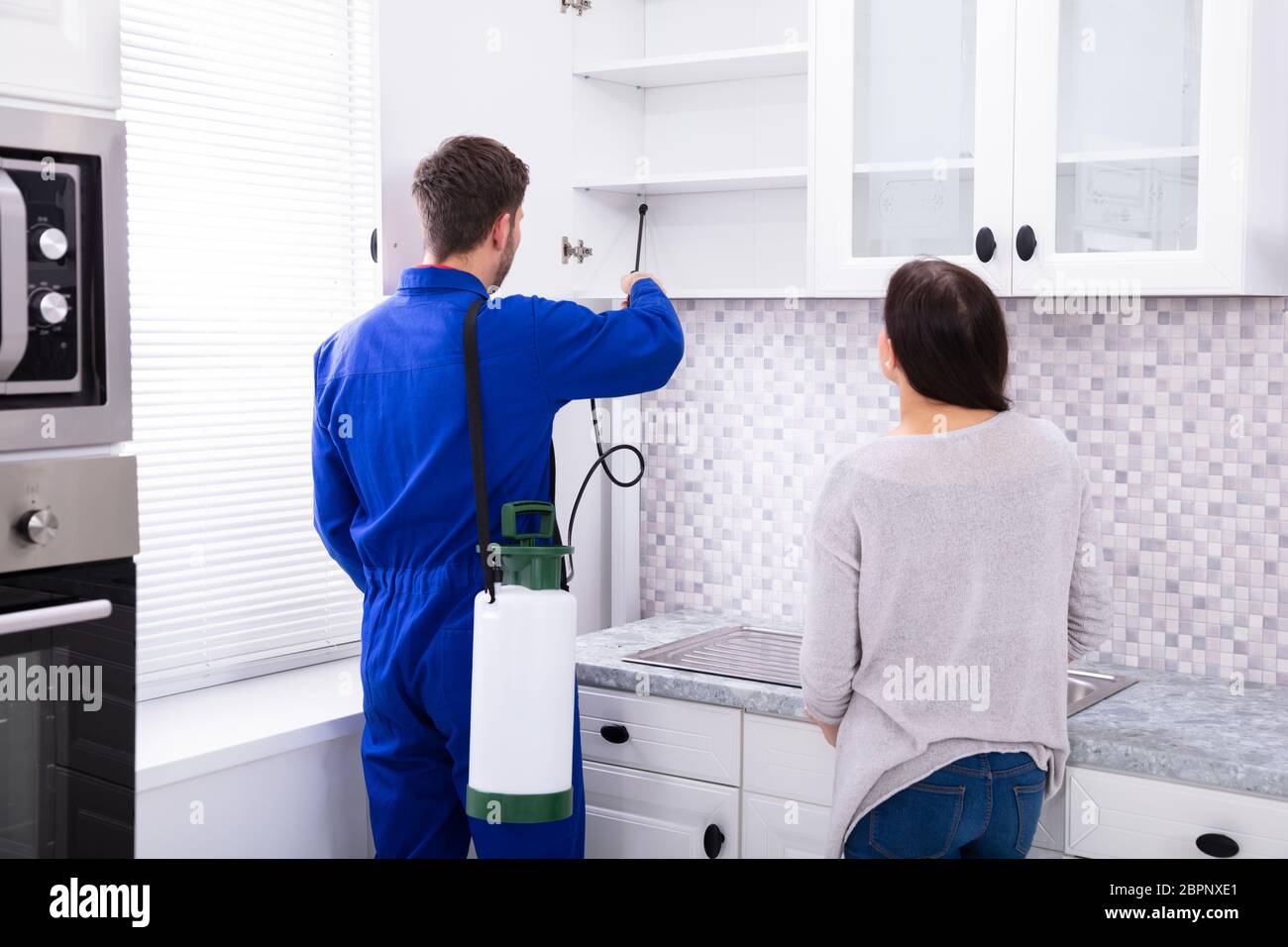 Woman Showing At Pest Control Worker Spraying Insecticide On Shelf Of ...
