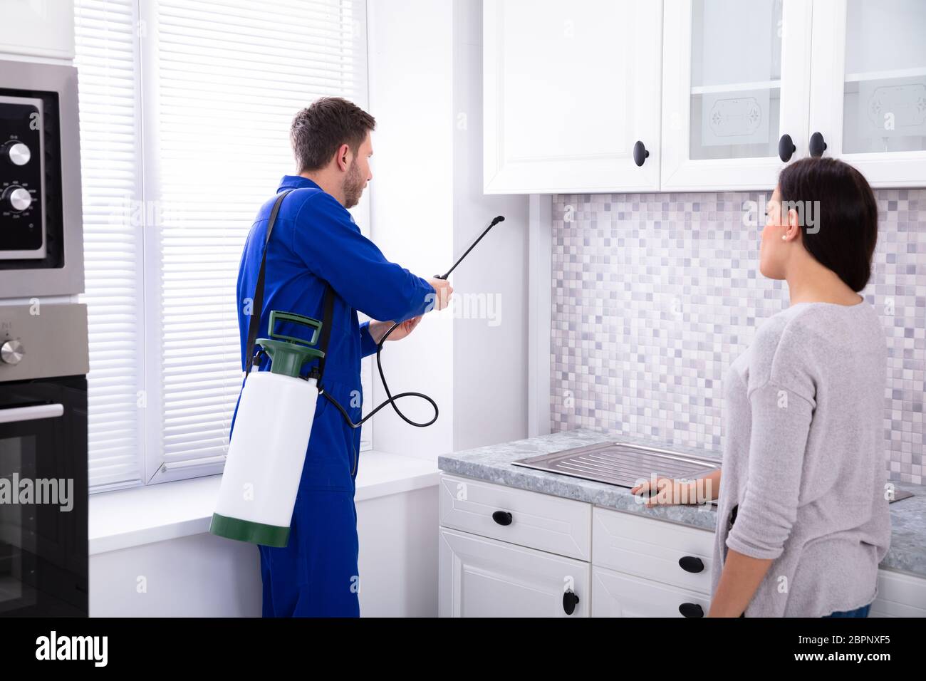 Pest Control Worker And Woman Spraying Pesticide With Torch In Kitchen ...