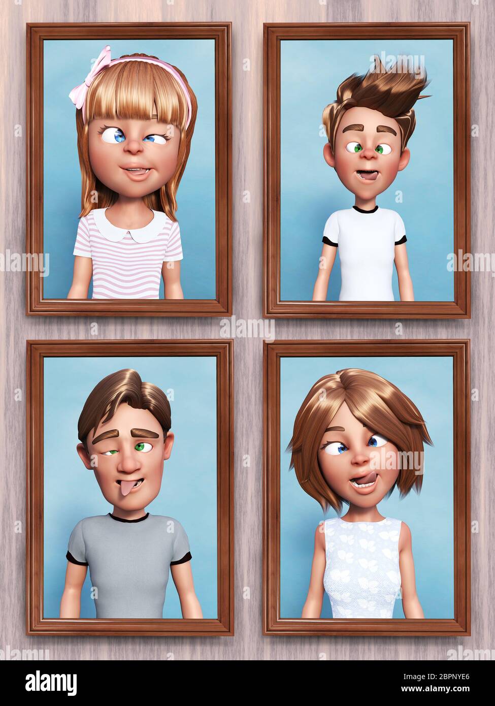 3D rendering of four framed cartoon family portraits that is hanging on ...