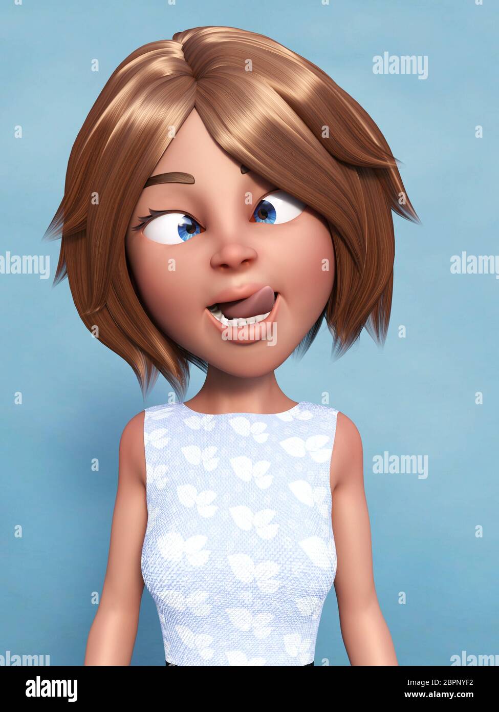 3D rendering of a cartoon mom or woman doing a silly face, sticking her ...