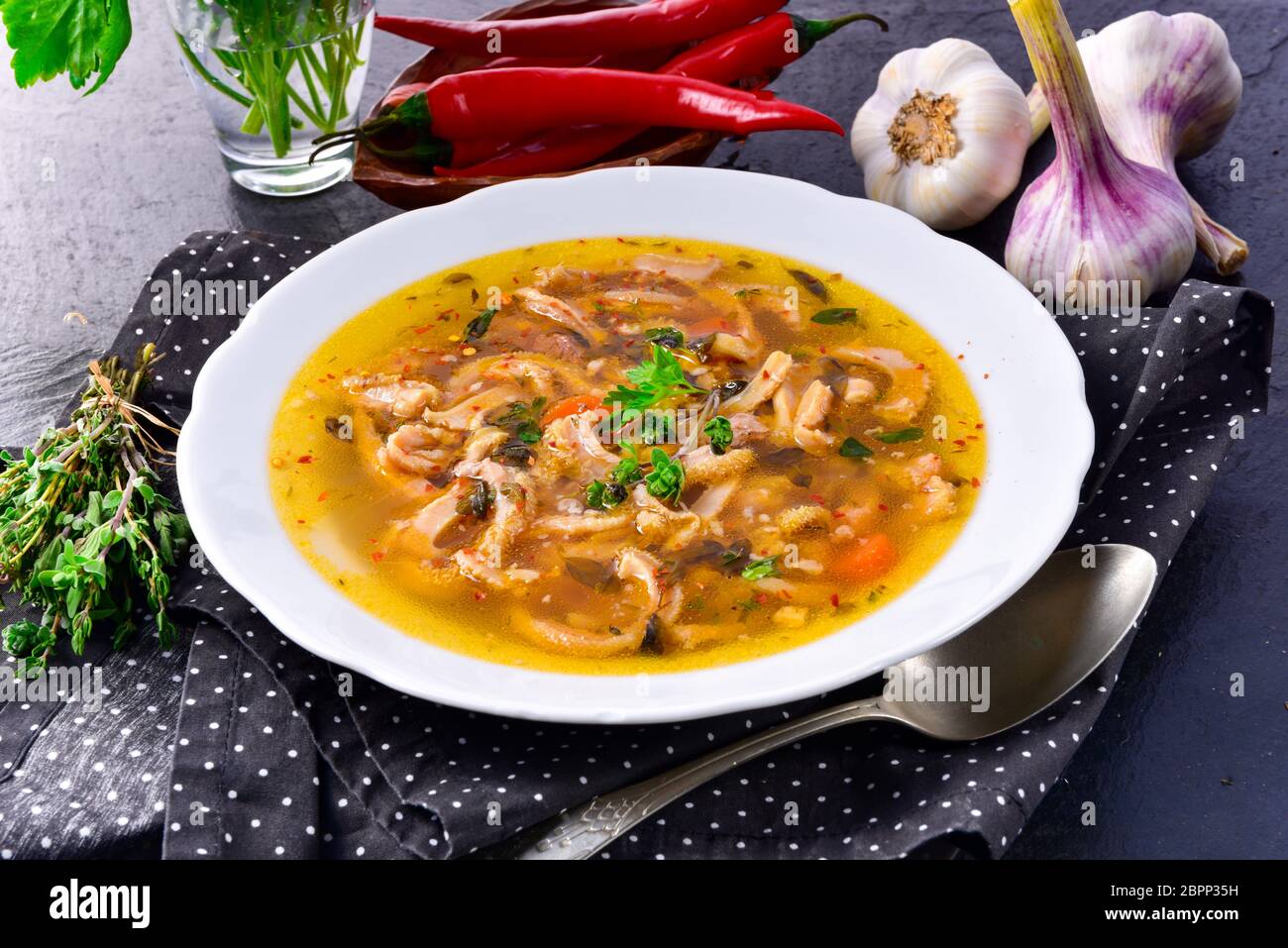 Traditional tripe soup in polish style with beef and vegetables Stock ...