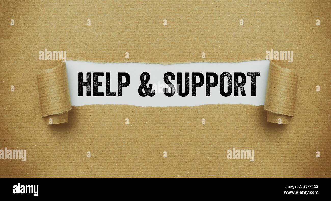 Torn brown paper revealing the word Help and Support Stock Photo - Alamy