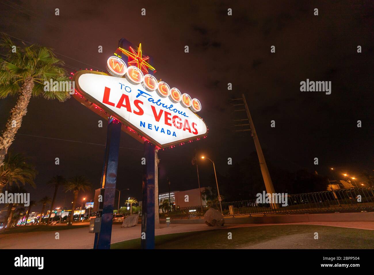 Famous Las Vegas sign at night in Las Vegas city, Nevada, USA Stock ...