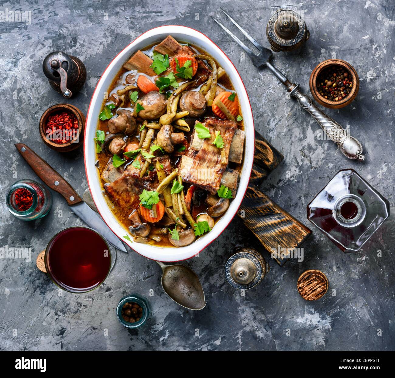 Cooking stew meat in Burgundy or Beef Bourguignon.French cuisine Stock ...