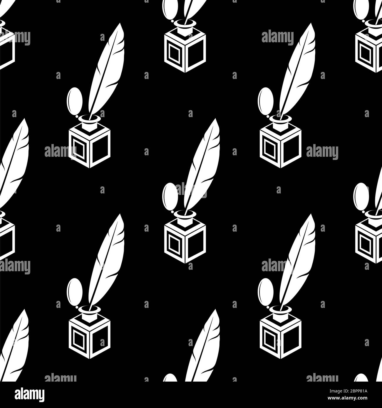 White Feather Pen Silhouette Seamless Pattern Isolated on Black ...