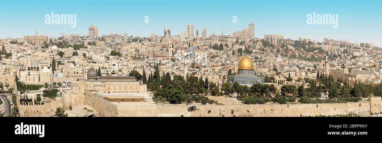 Gold Dome of the Rock Islamic shrine in the middle and other buildings ...
