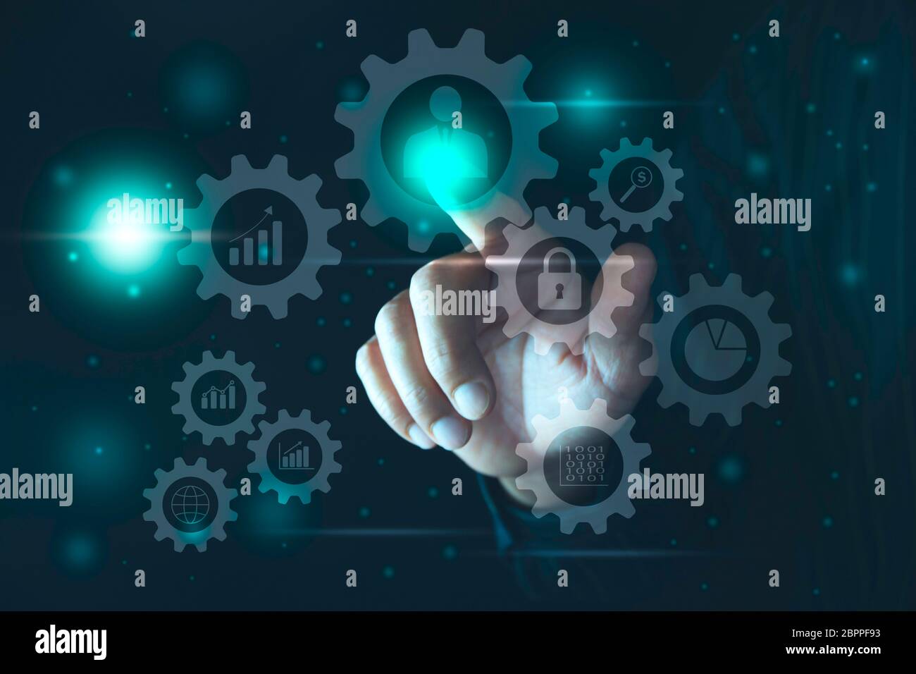 Hand click on virtual touchscreen button. Hand pressing modern buttons ...