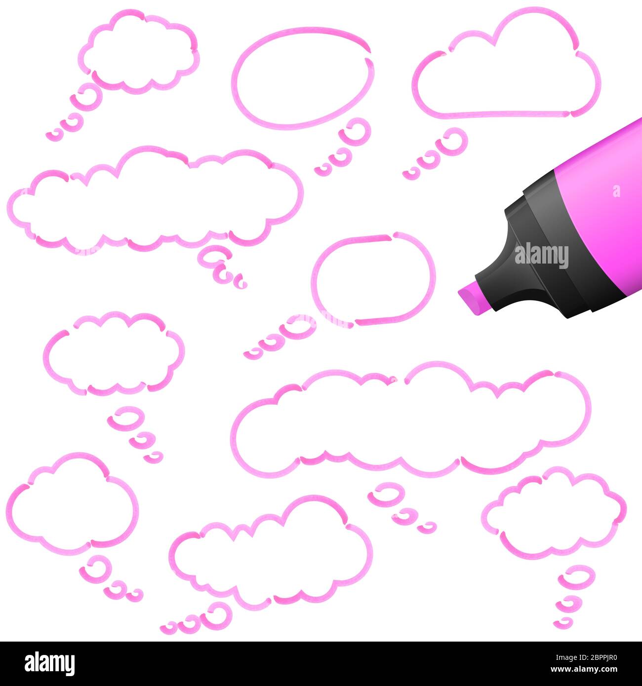 illustration of thought bubbles drawn with highlighter colored pink ...