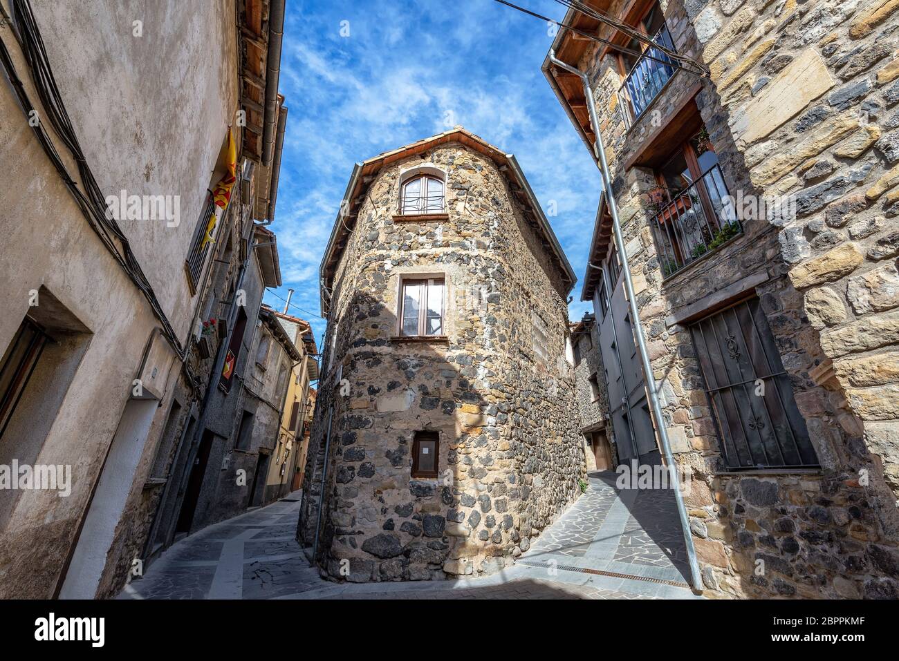Fork in the road in the historic town of Castellfollit de la Roca ...