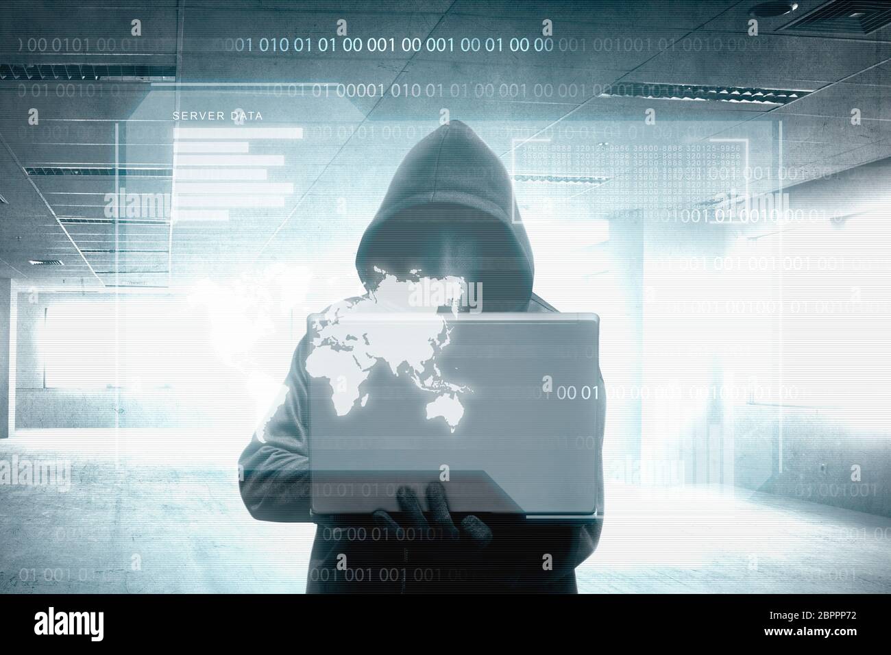 Hacker in black hoodie holding laptop on the room with virtual screen ...
