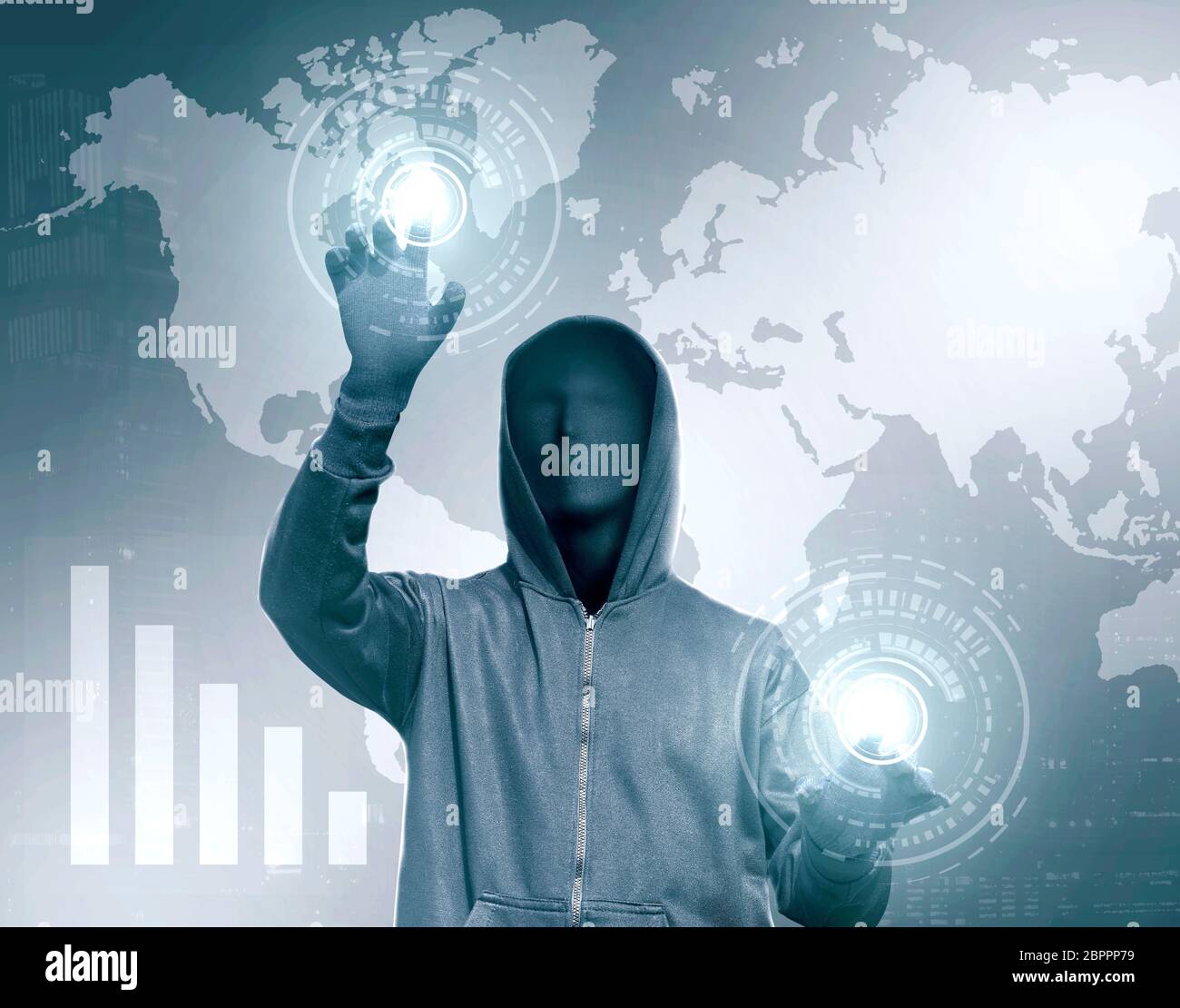 Hacker in black hoodie touching virtual screen with chart bar and world ...