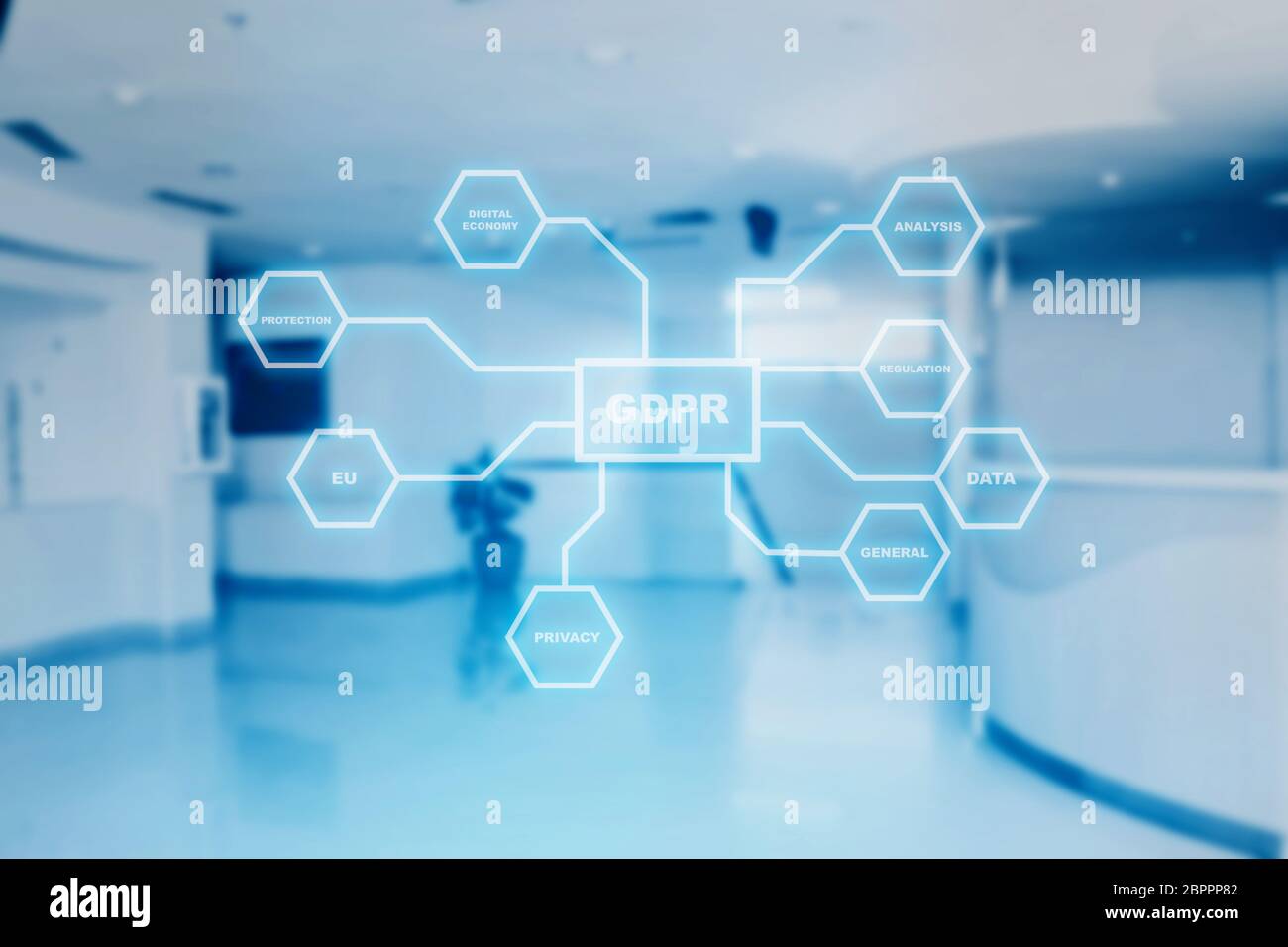 GDPR protection structure on virtual screen with office room background ...