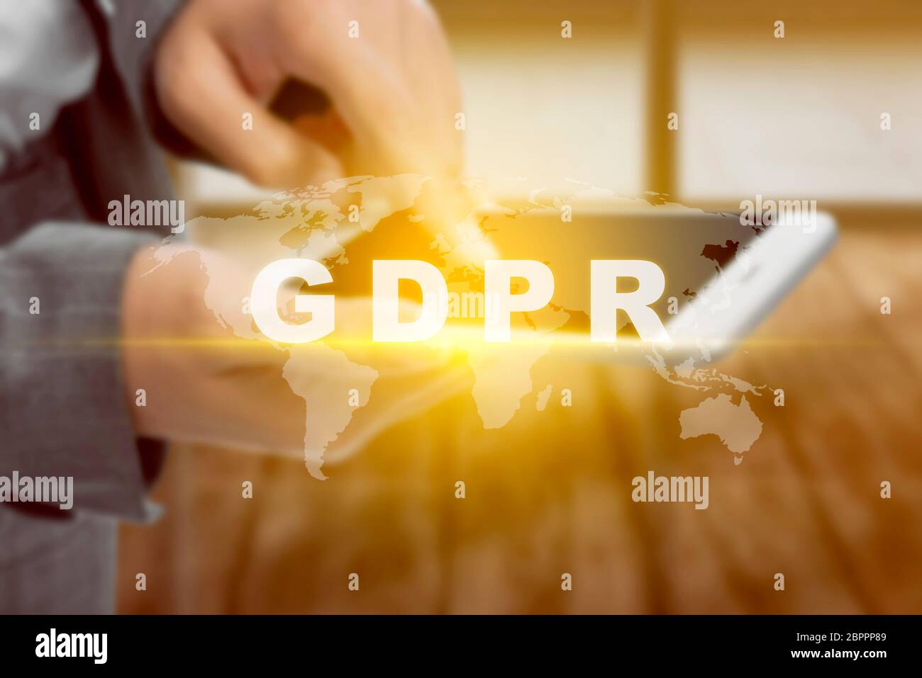 Business woman touching the mobile phone screen and display GDPR text ...