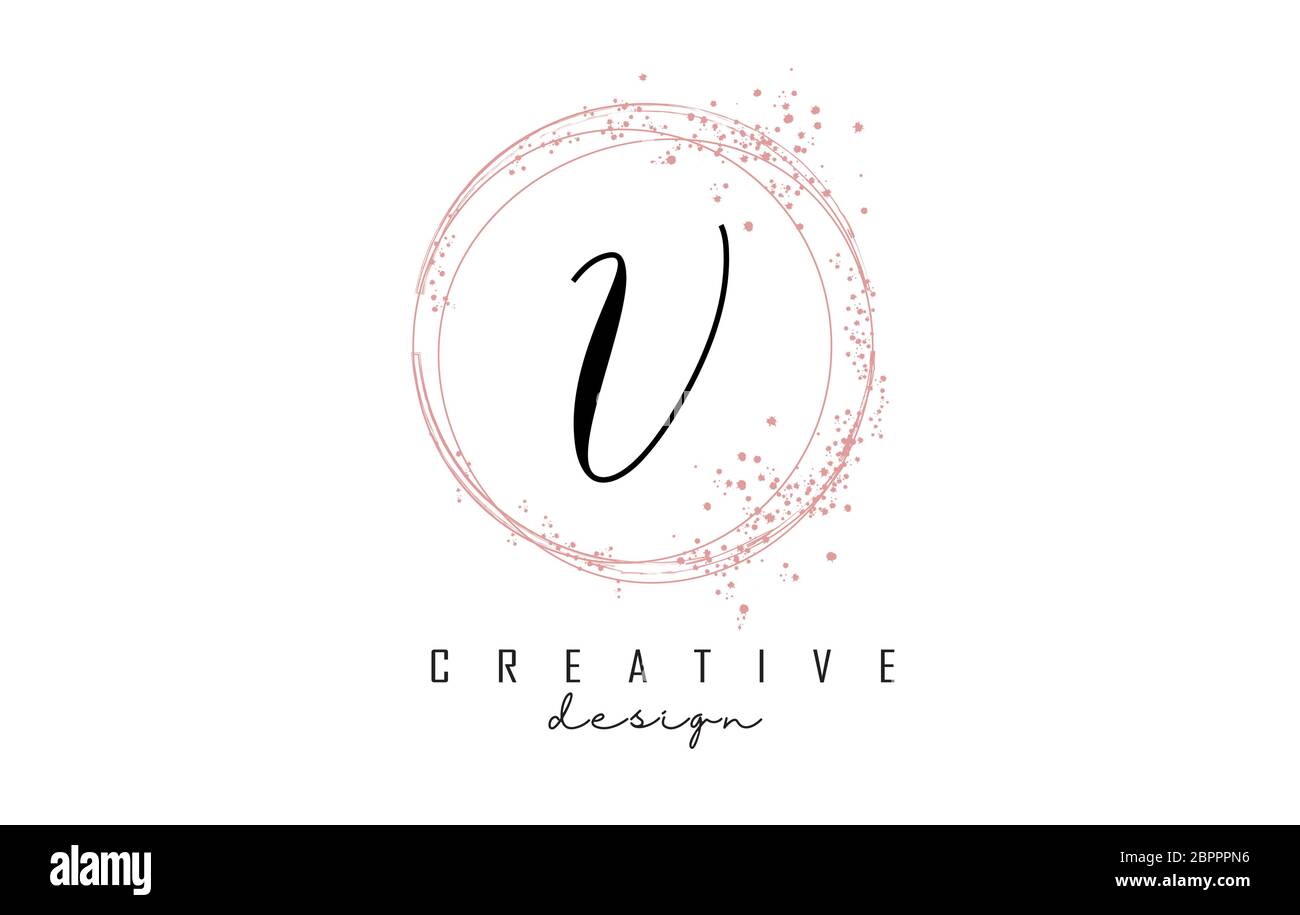 Sparkling circles and dust pink glitter frame for handwritten V letter ...