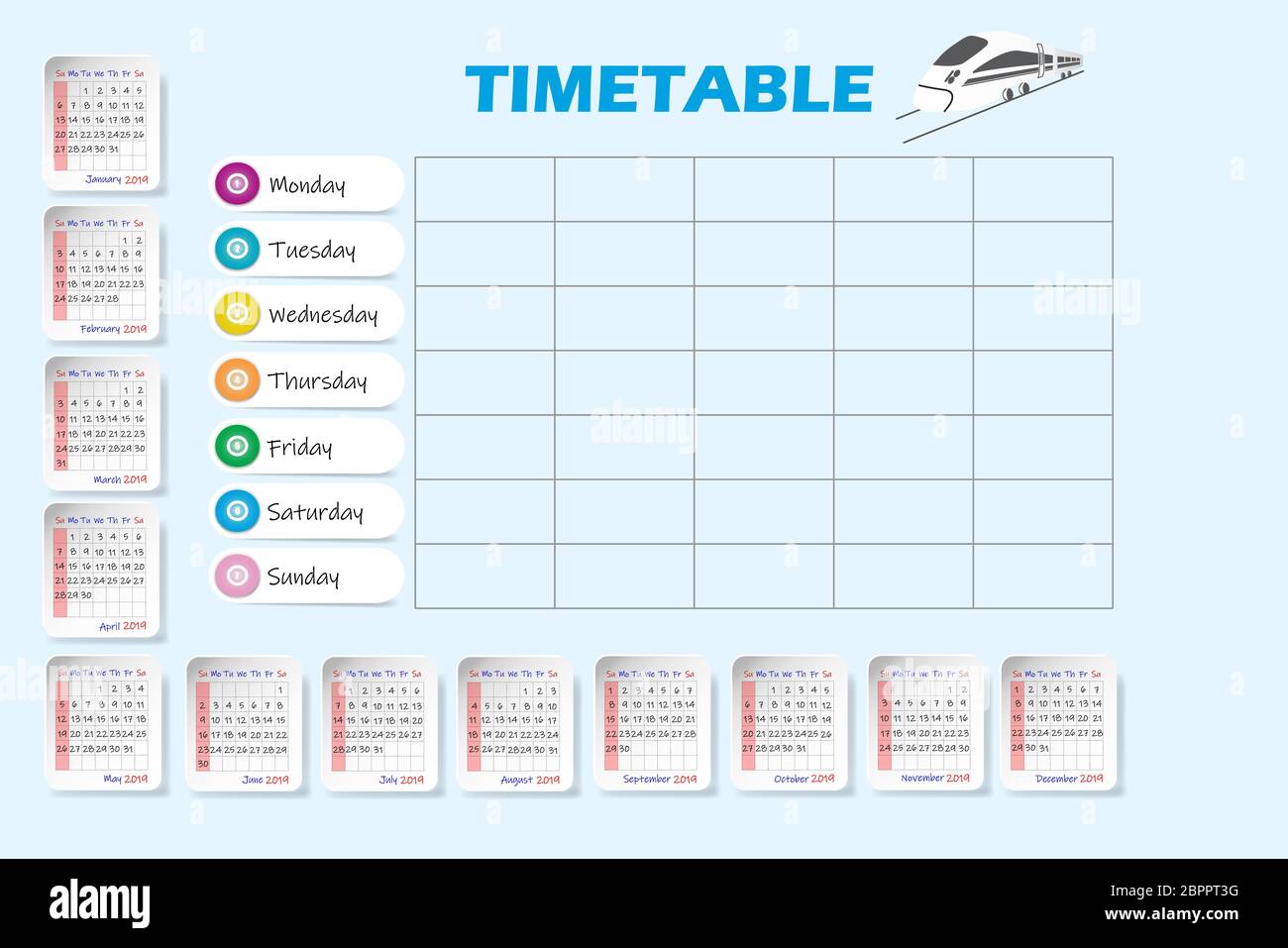 Vector calendar for year 2019 and blank weekly train timetable on blue ...